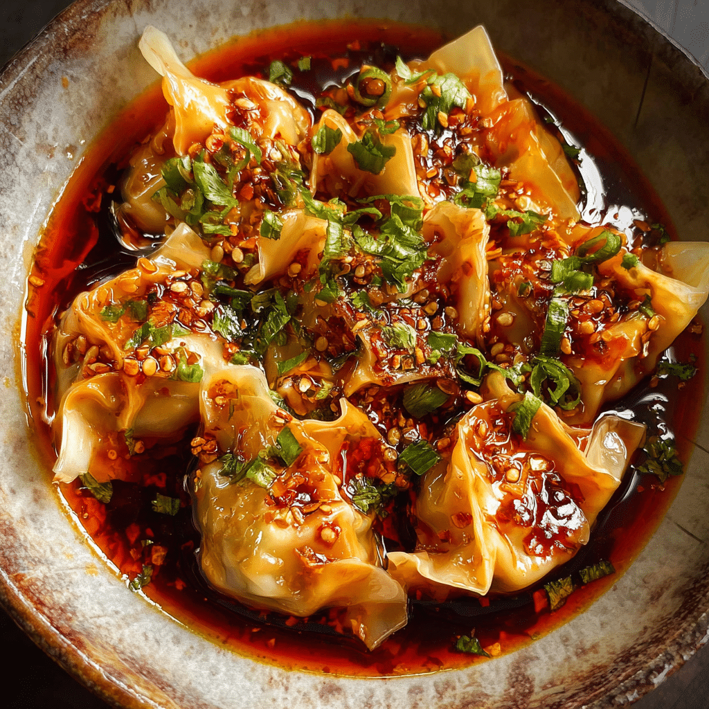 Chicken Wontons in Spicy Chili Sauce